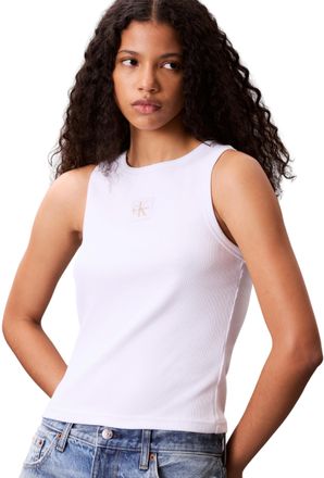 Calvin Klein Damen Tank Top Woven Label Cotton Rib mit Logo, Wei&szlig; (Brilliant White), XXS
