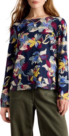 White Stuff Weaver Langarmshirt - Klassisches Rundhalsausschnitt T-Shirt aus Baumwolljersey-Mix - Marineblau Druck - Größe 40