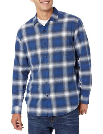 Amazon Essentials Herren Langarmhemd aus Flanell (in Übergröße erhältlich), Blau Weiß Großes Karo, XL