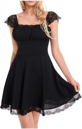 Generic Robe amincissante en dentelle &agrave; col carr&eacute; pour femme - Dos nu - Couleur unie - Ligne A, Noir, XL