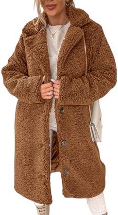 Generic Manteau dhiver chaud &agrave; manches longues en peluche pour femme avec col &agrave; revers, coupe ample, doublure en polaire, caramel, XXL