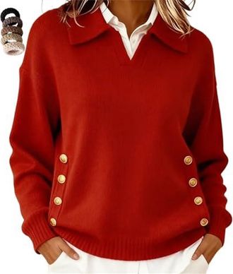 Generic Pull en tricot confortable avec boucle en m&eacute;tal pour femme - Col - Manches longues - Doux - Pour un usage quotidien, Rouge, 3XL