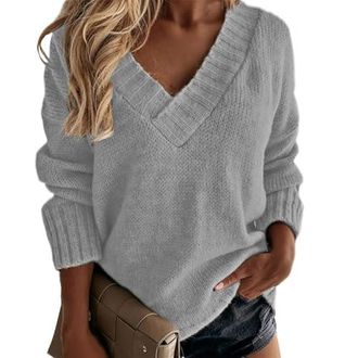 Generic Pull dautomne surdimensionn&eacute; d&eacute;contract&eacute; et intemporel &agrave; col en V pour femme - Pull &eacute;pais &agrave; manches longues - Pull c&ocirc;tel&eacute; pour lhiver, gris, XXL