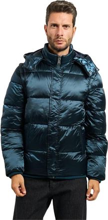 Guess Homme, Vestes, Bleu, Taille: L Veste Duvet Bleue Métallique avec Capuche