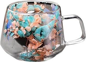 Generic Tasse &agrave; caf&eacute; en verre isotherme ronde &agrave; double paroi, tasses en verre lisse avec motif floral fusion et poign&eacute;e anti-br&ucirc;lure pour caf&eacute;, th&eacute;, boissons 
