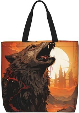 Generic Loup Hurlant Et Lune Sac Fourre-Tout L&eacute;ger Tote Bag Grand Sac Courses Pour Travail Shopping Quotidienne
