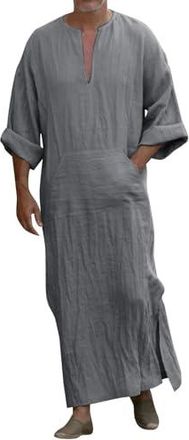Generic Caftan Thobe - Manches courtes et col en V - Tissu en lin - Coupe ample et d&eacute;contract&eacute;e - Convient comme peignoir ou robe de nuit, 1B - Gris, 4XL