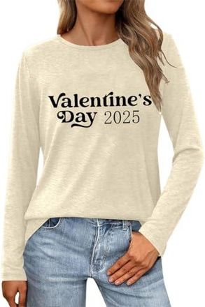 Generic T-shirt &agrave; manches longues et col rond imprim&eacute; coeur pour femme 2026 Saint-Valentin, beige, XXL