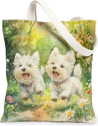 Generic Spring Westie Sac fourre-tout en toile pour faire du shopping 33 x 38,1 cm, sac &agrave; bandouli&egrave;re r&eacute;utilisable pour femme, peinture danimaux domestiques, 