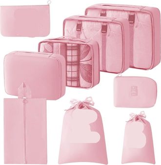 Generic 9-teiliges Set, tragbare Mesh-Daten-Gep&auml;ckaufbewahrungstasche, Unterw&auml;sche-Kleider-Organizer mit Schuhen, Kabeltaschen, Reiseverpackungsw&uuml;rfel(Pink)