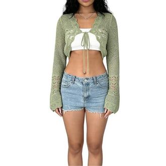 Generic Cardigan en crochet pour femme - Manches cloches - Ouverture sur le devant - L&eacute;ger - Pour l&eacute;t&eacute; - Cache-maillot de plage - Bol&eacute;ro court, Vert, XL