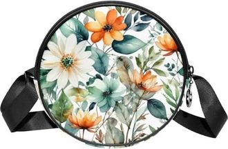 Generic Petit sac &agrave; bandouli&egrave;re circulaire pour femme, motif feuilles florales, sac &agrave; dos avec fermeture &eacute;clair, bretelles r&eacute;glables, sac &agrave; main rond d&eacute;contra