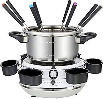 Melissa 16310230 elektrisches Fondue f&uuml;r 8 Personen 2 Liter Inhalt Fleisch, Schoko, K&auml;sefondue,1200 Watt, Saucenring stufenlose Temperatur weiss edelstahl