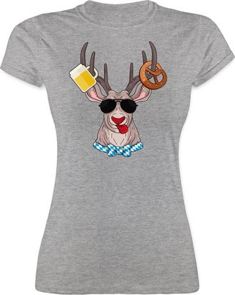Shirtracer Shirt Damen - Kompatibel mit - Oktoberfest Hirsch - XL - Grau meliert - trachtenshirt Trachten t Shirts bayrische geweih t-Shirt Oktoberfest-Shirt tra