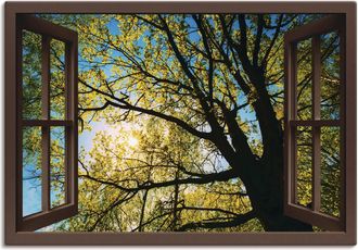 Artland Wanddeko Leinwand Bilder Wandbild 130 x 90 cm Bäume Foto Grün B8CM Fensterblick Frühling Sonne Baumkrone Eiche