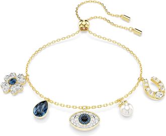 Swarovski Symbolica Armband, Blaues, Vergoldetes Bettelarmband mit Kristallperle, Glücksklee, Evil Eye, Hufeisen und Strahlenden Kristallen