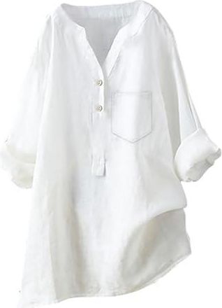 Generico Chemise d&eacute;t&eacute; pour femme en coton et lin avec boutons, mode, couleur unie, chemisier col en V, t-shirt &eacute;l&eacute;gant basique pour f&ecirc;te, t-shirt d&eacute;contract&eacute;, 