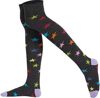 MySocks Cuisse Haute Chaussettes Femme Fleur Étoiles multicolores anthracite
