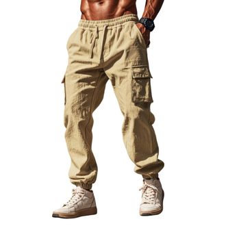 Generic Leinenhose Herren Hose Chino Cargo Hose Leicht Weisse Jogginghose Freizeithose M&auml;nner Yoga Sommerhose mit Taschen Sporthose Casual Sweatpants