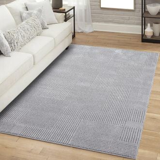 Carpet City Teppich Kurzflor Wohnzimmer - Grau - 160x230 cm Rechteckig - Geometrisch, Gestreift - 3D-Effekt - Moderne Teppiche Flachflor Schlafzimmer, Esszimmer