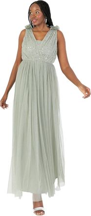 Anaya with Love Damen Womens Maxi Ladies Sleeveless V-Neck Sequin Embellished Tulle Ruffle Shoulder A-line Bridesmaid Prom Ball Gown Dress, Frosty Green, 40 EU