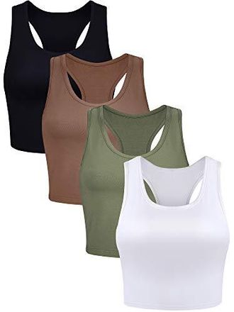 Boao 4 Pièces Crop Tank Tops Basiques Racerback Débardeur sans Manches Débardeur de Sport en Coton pour Femmes (Noir, Blanc, Vert Armée, Café, S)