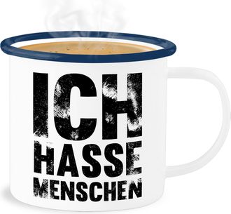 Shirtracer Emaille Becher Blechbecher - Statement - Ich hasse Menschen - Mag keine - 300 ml - Weiß Blau - statements sarkasmus tasse frohes neues jahr tassen new