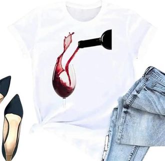 Keephen Verre &agrave; Vin Rouge F&ecirc;te &agrave; Boire T-Shirt Impression 3D Femmes Manches Courtes Col Rond Pullover Casual Vacances Tops