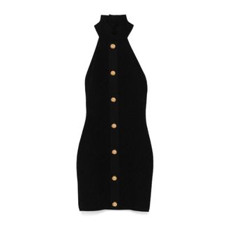 Balmain Schwarzes Strick-Neckholder-Kleid mit goldfarbenen Kn&ouml;pfen - - Dresses - Damen - Schwarzk - M