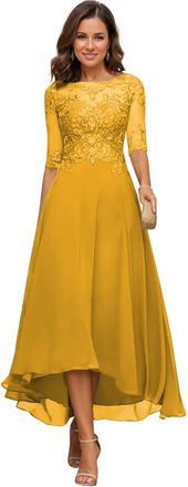 Huini Damen Brautmutterkleider f&uuml;r Hochzeit Tee L&auml;nge Kurzarmel Perlen Spitze Chiffon formelles Abendkleid mit Taschen Senf Gelb 38