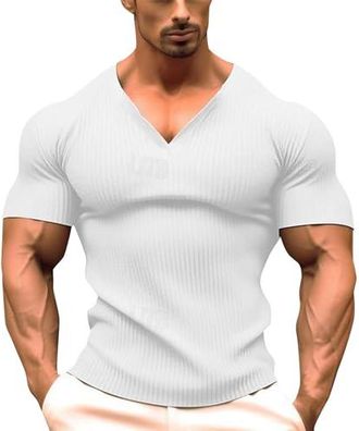 Generic Chemise blanche pour homme - T-shirt moulant &agrave; col en V - Chemise longue pour la gym, lentra&icirc;nement, le sport - Chemises en lin pour homme, blanc, M
