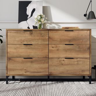 Merax Sideboard Holz Kommode mit 6 Schubladen,rustikal Sideboard Küchenschrank Buffet,Industrielles Design,für Schlafzimmer,Wohnzimmer,Dunkle Eiche/120x40x7