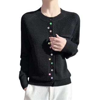 Generic Cardigan en laine m&eacute;rinos &agrave; col rond pour femme avec boucles de couleur printemps &agrave; manches longues, noir, Taille L