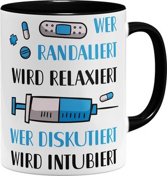 OM3 witzige Kaffee-Tasse mit Spruch - Wer randaliert wird relaxiert, wer diskutiert wird intubiert - Keramik Becher - 325ml - Beidseitig Bedruckt - Schwar