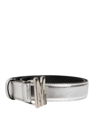 Moschino Womens Silver Leather Logo Metal Buckle Waist Belt Genuine