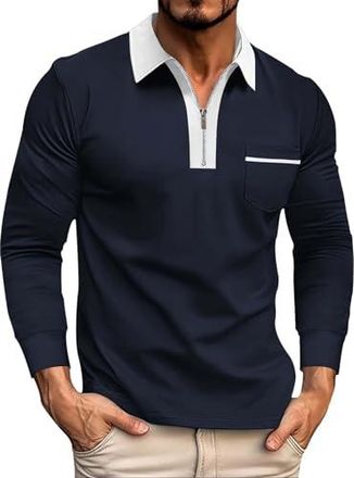 Generic Polo pour homme avec fermeture &eacute;clair 1/4 - L&eacute;ger et respirant - Manches longues - Pour printemps et automne - Confortable, bleu marine, XXL