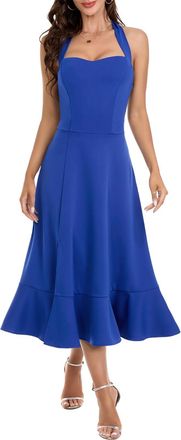 Dresstells Damen Halter Cocktailkleider Hochzeit Gast Formal Prom Brautjungfer Tee L&auml;nge Split Ruffle Sommerkleid Elegantes Partykleid Royalblue 2XL