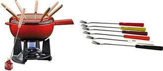 Spring Gusseisen Fondue Set rot | Ø 20 cm | mit 8 Fonduegabeln und Spritzschutz | Rechaud Brenner & 2890260606 Käsefondue-Gabeln Basic bunt 6 Stück, Edelstah