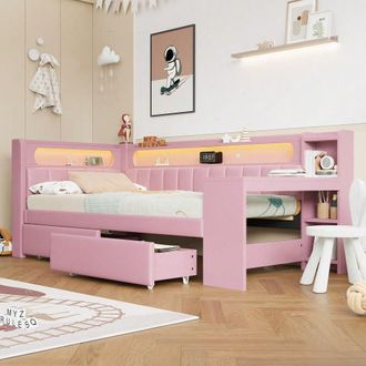 Generic Rosa gepolstertes Tagesbett 90x200 mit Schreibtisch. Ausgestattet mit 2 Schubladen, USB-Anschl&uuml;ssen und integrierter LED-Beleuchtung. (Ohne Matratze)