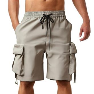 Generic Short longueur genou pour homme, short cargo cargo v&ecirc;tements de travail d&eacute;t&eacute; cordon de serrage couleur unie jogging pantalon noir taille &eacute;lastique res