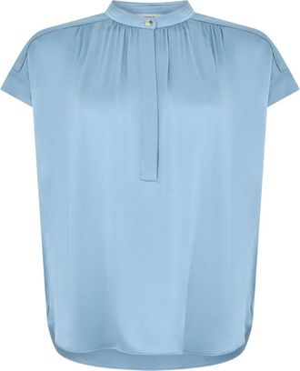 Vince Femme, Blouses et Chemises, Bleu, Taille: 36 FR Chemisier en Soie &agrave; Manches Courtes Fronc&eacute;es