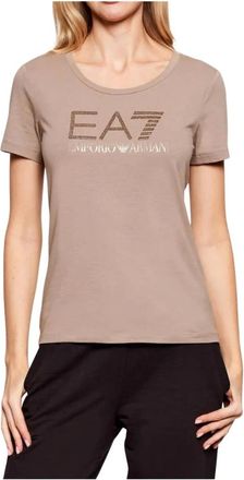Emporio Armani Emporio Armani Ea7, Femme, Tops, Beige, Taille: 38 FR T-shirt &agrave; col rond en coton stretch avec strass Logo Series