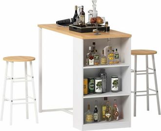 Soges Soges Table de bar avec 3 étagères + 2 tabourets, lot de 3 pour table de bar 2 places pour cuisine/salle à manger/salon, teck+blanc