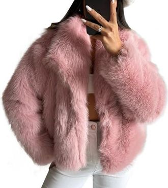 Generic Manteau en fausse fourrure pour femme veste en fausse fourrure moelleuse &agrave; manches longues revers vestes dhiver en fourrure shaggy parka manteau court
