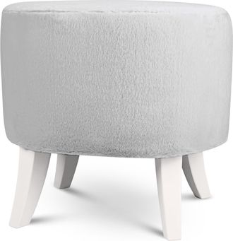 MG Design Ovaler Kunstfell-Hocker 42 x 52 cm in Grau mit Holzbeinen - Gepolsterter Fu&szlig;hocker f&uuml;r Wohnzimmer oder Schlafzimmer