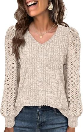 Generic Hauts d&eacute;t&eacute; d&eacute;contract&eacute;s et polyvalents pour femme, couleur unie, col en V, haut en dentelle, chemisiers en tricot c&ocirc;tel&eacute;, &agrave; manches longues, couche de