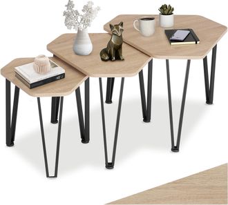 TecTake 3er Set Beistelltisch, sechseckiger Couchtisch in 3 Größen, Möbel für Sofa, Couch, Deko Wohnzimmer, als Blumenständer oder Schlafzimmer Nachttisch - I