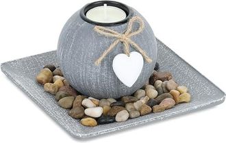 Relaxdays Teelichthalter Set mit Tablett & Steinen, 15,5 x 15,5 cm, Tischdeko Wohnzimmer, Esszimmer, Kerzenhalter, grau