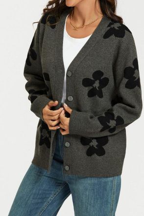 FS Collection Cardigan Damen Strickjacke Cardigan mit Blumenmuster, Dunkelgrau (Einheitsgr&ouml;&szlig;e (UK 8-16 / EU 36-44) 56 % Viskose, 26 % Polyester, 18 % Wolle