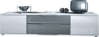 Vladon TV Lowboard Linio V2, Fernsehtisch mit 2 Türen und 2 Schubladen - Weiß/Grau Hochglanz (166,5 x 37,5 x 35 cm)